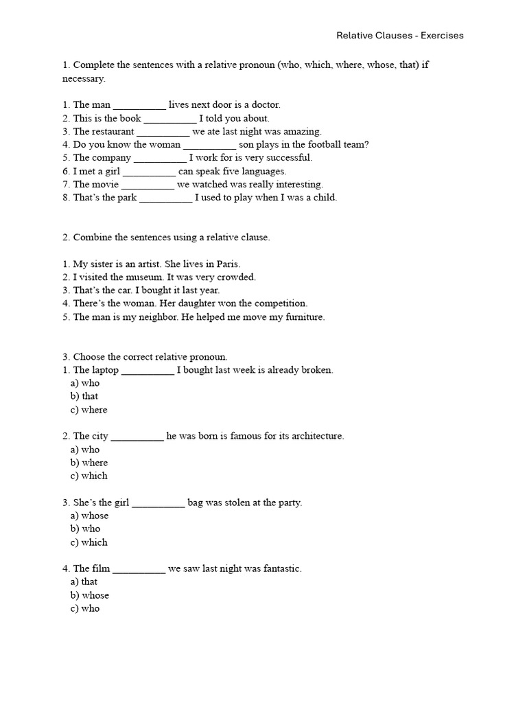Relative Clauses - Exercises PDF | PDF
