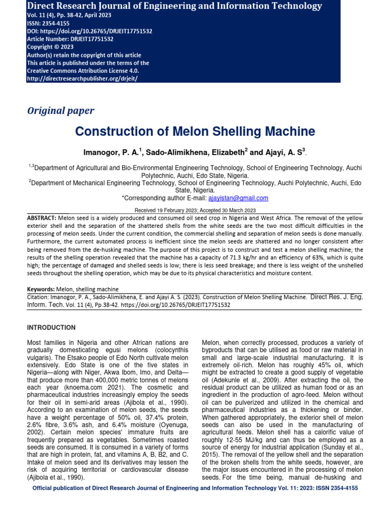 Construction of Melon Shelling Machine | PDF | Engineering | Foods