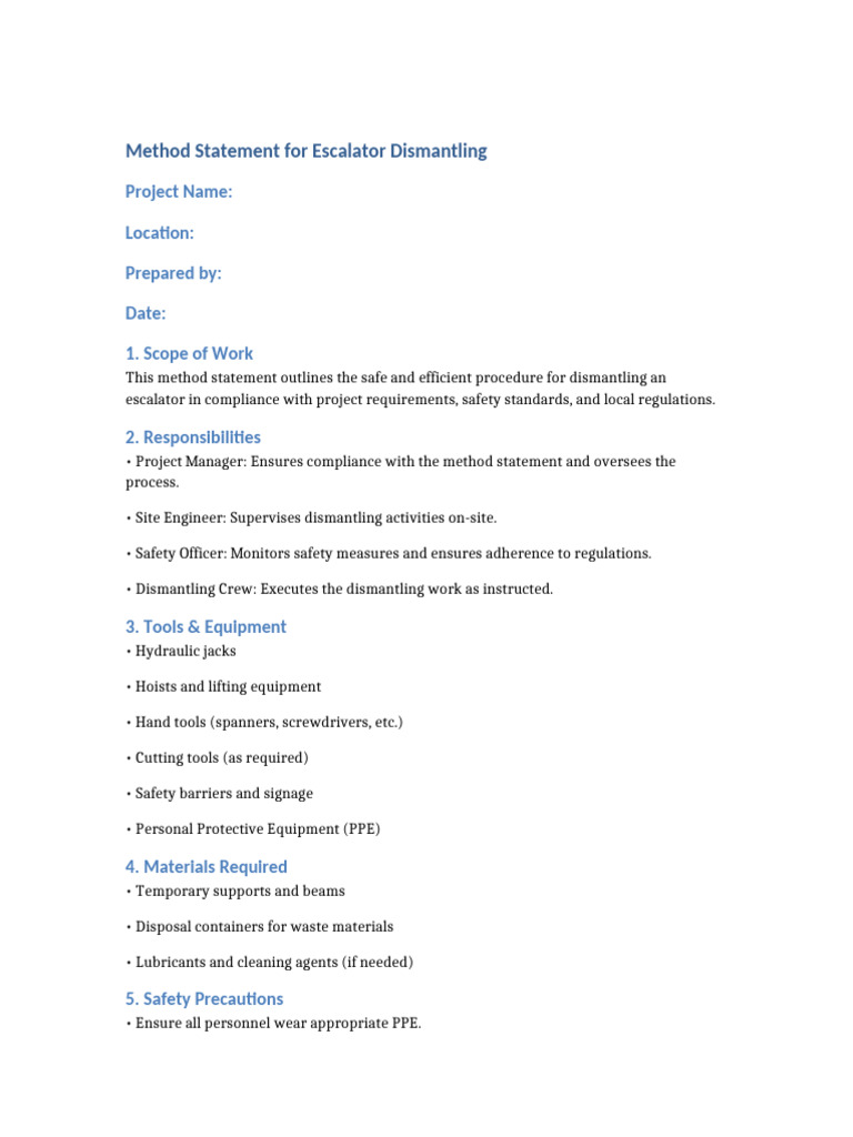 Method Statement For Escalator Dismantling | PDF | Waste Management | Safety