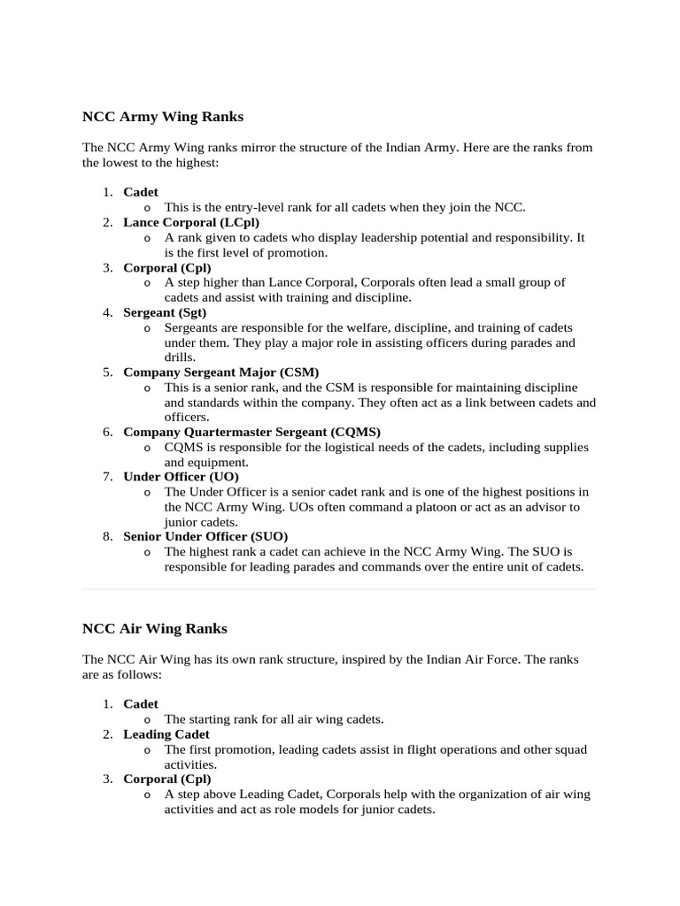 NCC Notes and Ranks | PDF | Corporal | Sergeant