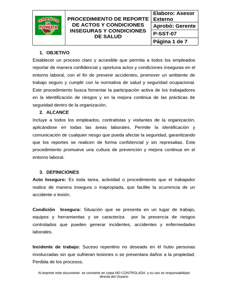 P-SST-07 Procedimiento para El Reporte de Actos y Condiciones Inseguras y Condiciones de Salud ...