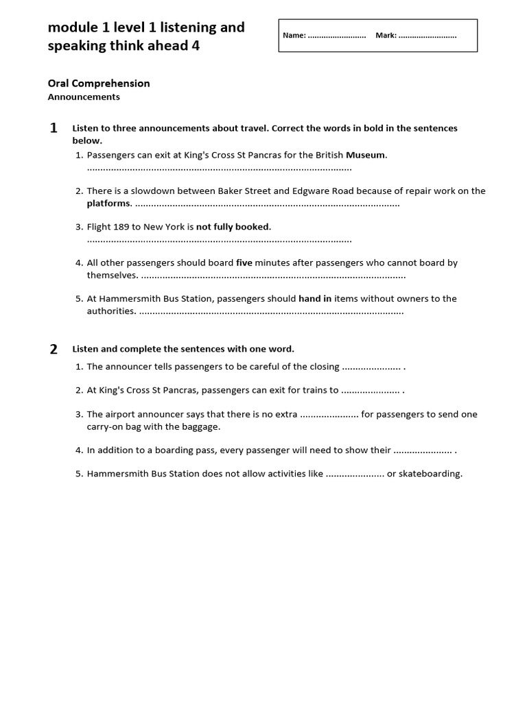Carolina, Manuel, Claudia, Oscar Module 1 Level 1 Listening and Speaking Think Ahead 4 - V1 | PDF