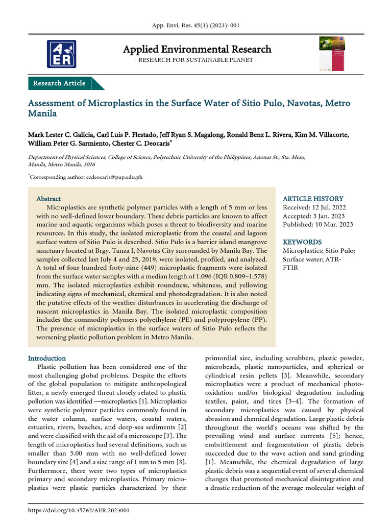 Assessment Of Microplastics In The Surface Water Of Sitio Pulo Navotas