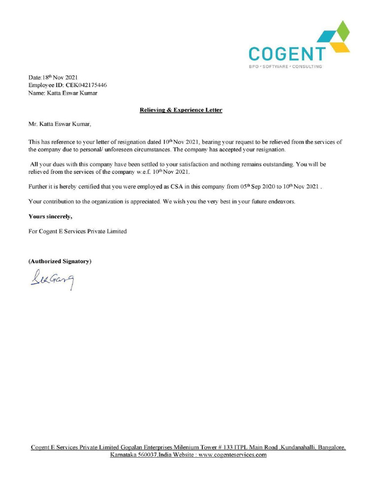 Relieving & Experience Letter for Katta Eswar Kumar | PDF
