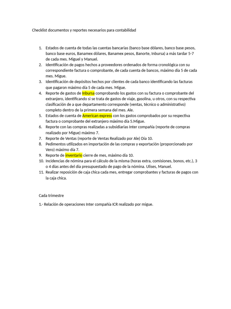 Checklist Documentos y Reportes Necesarios para Contabilidad | PDF