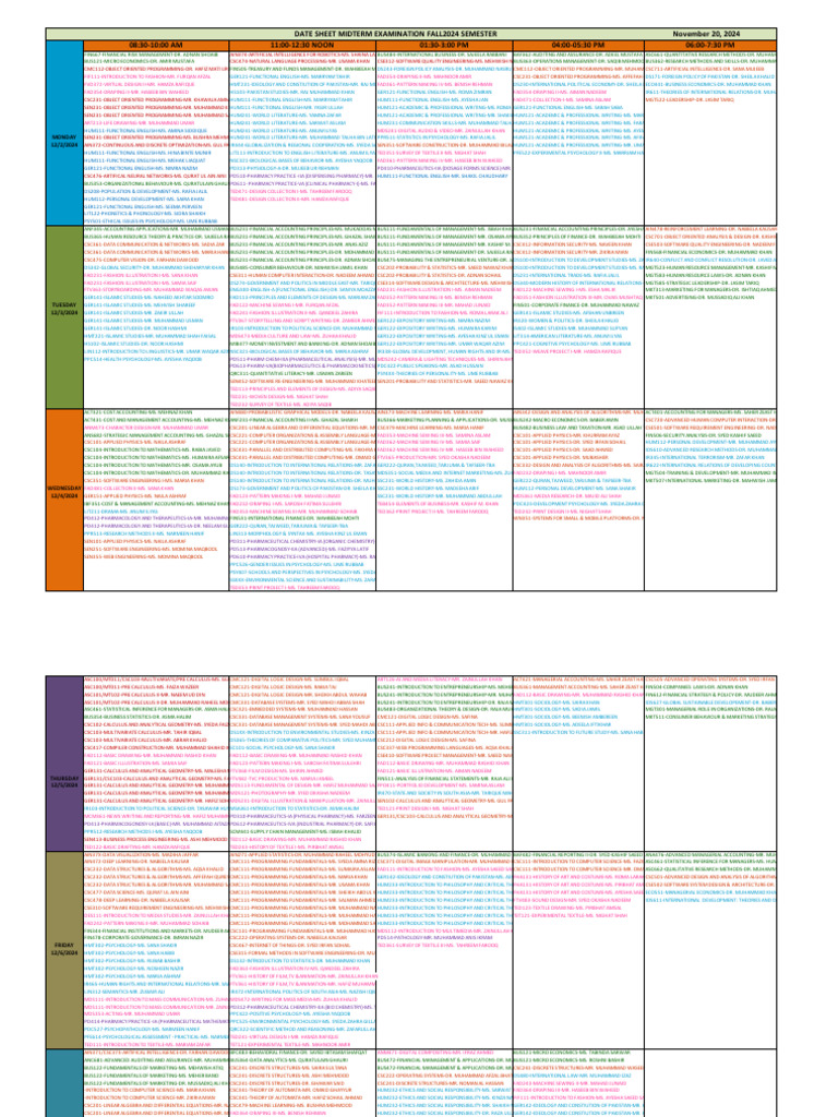 Date Sheet Midterm Examination Fall-2024 | PDF