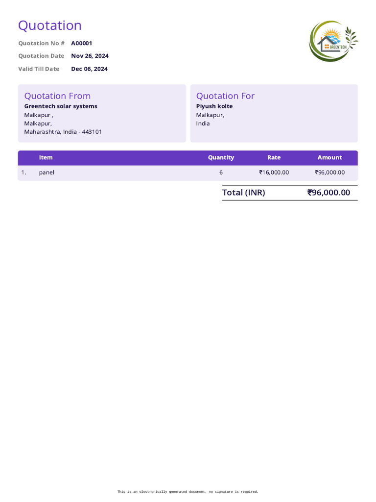 Greentech Solar Systems Quotation A00001 | PDF