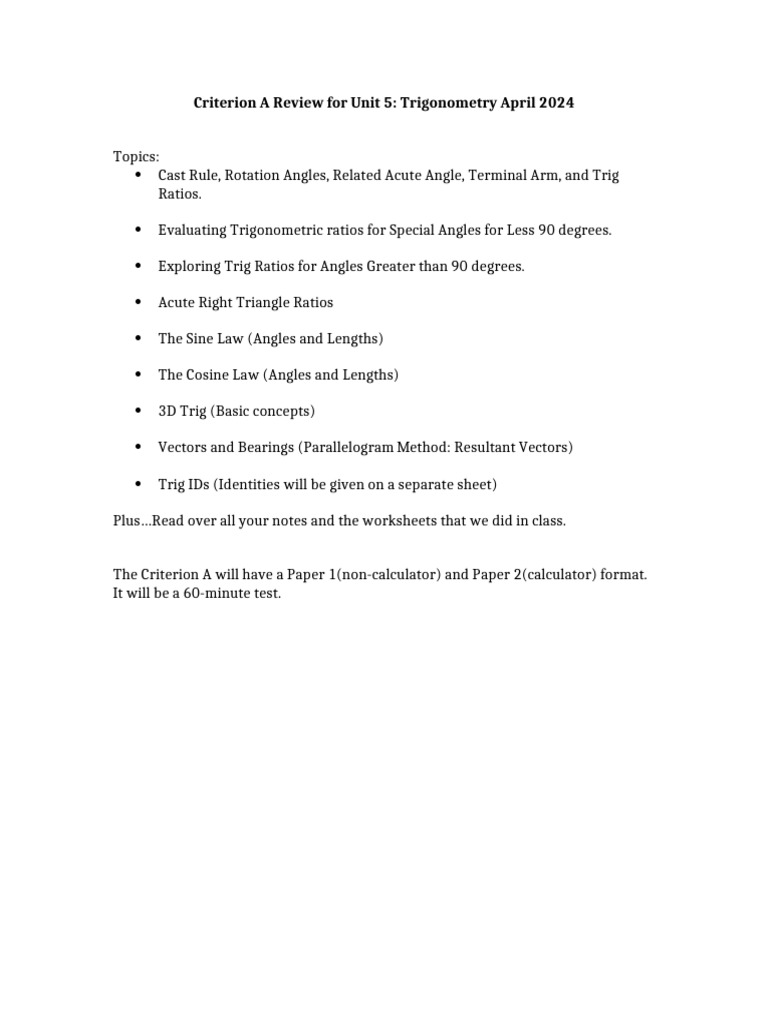 Unit 5 Trig Unit Criterion A Review 2023 | PDF | Trigonometry | Trigonometric Functions