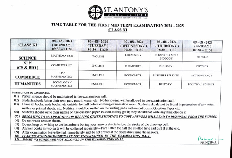 Midterm Exam Timetable, Xi | PDF