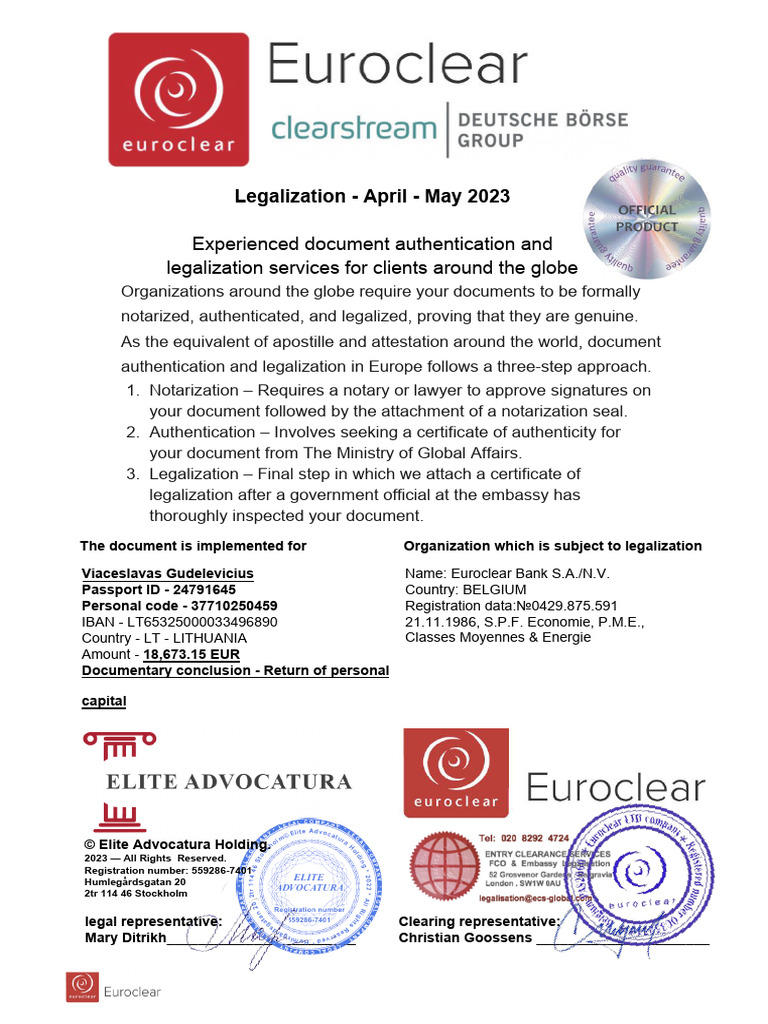 Euroclear Legalization Ask | PDF | European Union | Notary Public