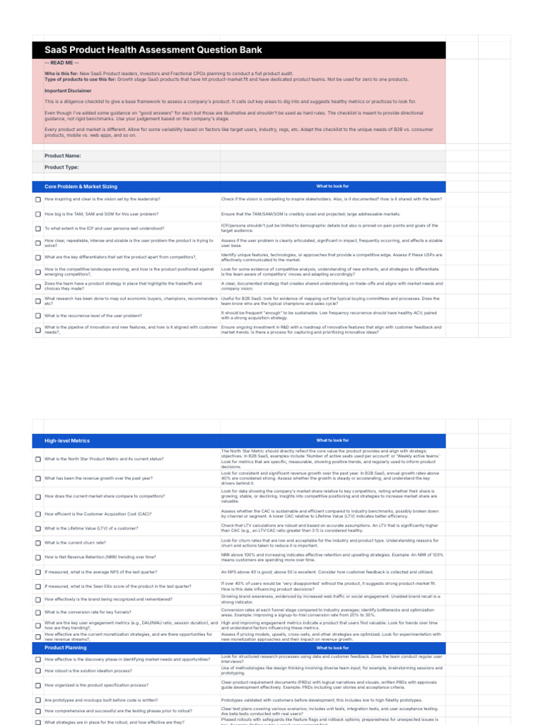 Saas Product Health Assessment Question Bank Sheet1 | PDF | Marketing ...