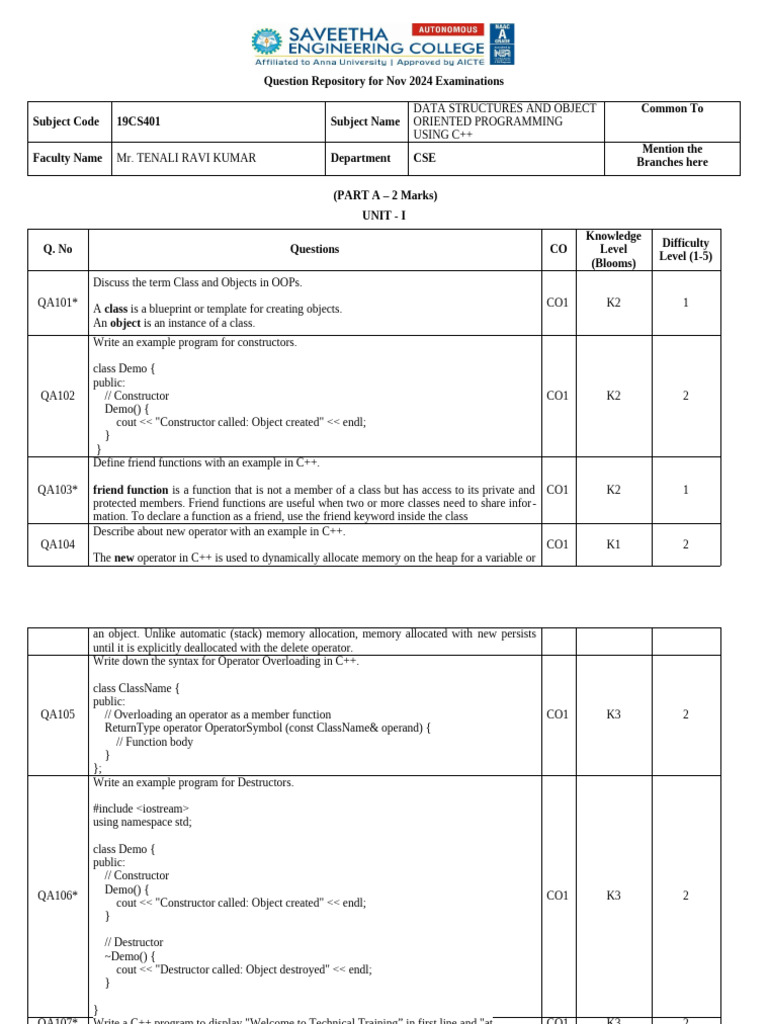 19CS401 C++ Question Answer Key Nov 2024 | PDF | Pointer (Computer ...
