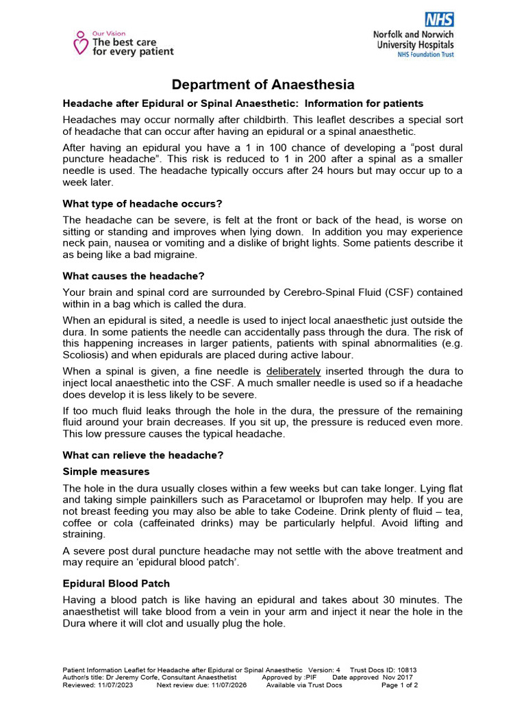 Post-Epidural Headache Guide | PDF | Headache | Cerebrospinal Fluid