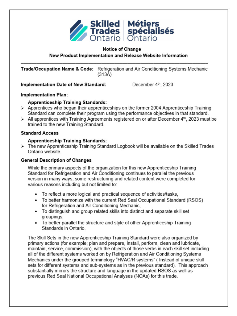 Notice of Change Refrigeration and Air Conditioning Systems Mechanic ...