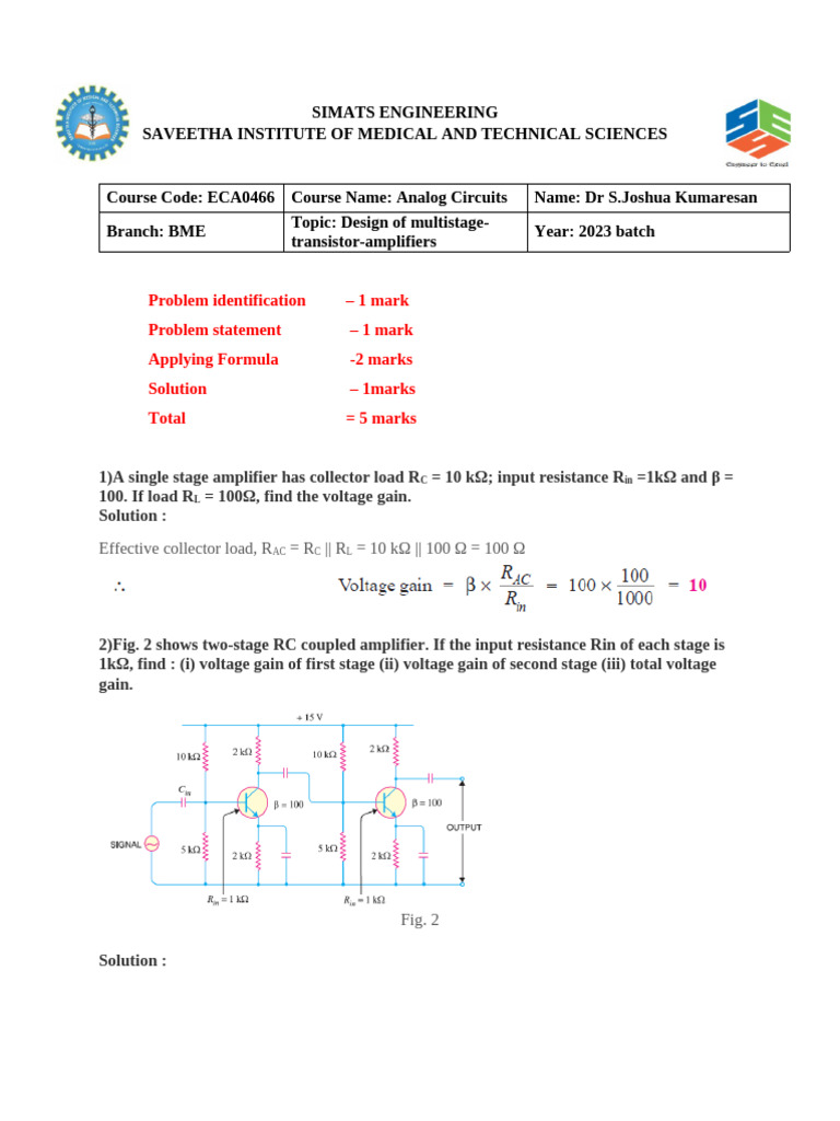 Analog Circuits Unit 2 Problems With Solution | PDF | Amplifier | Electronic Engineering