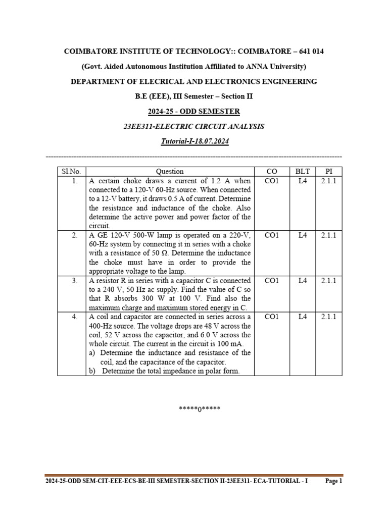 2024 25 Odd Sem Cit Eee Ecs Be III Semester Section II 23ee311 Eca Tutorial I | PDF | Capacitor ...