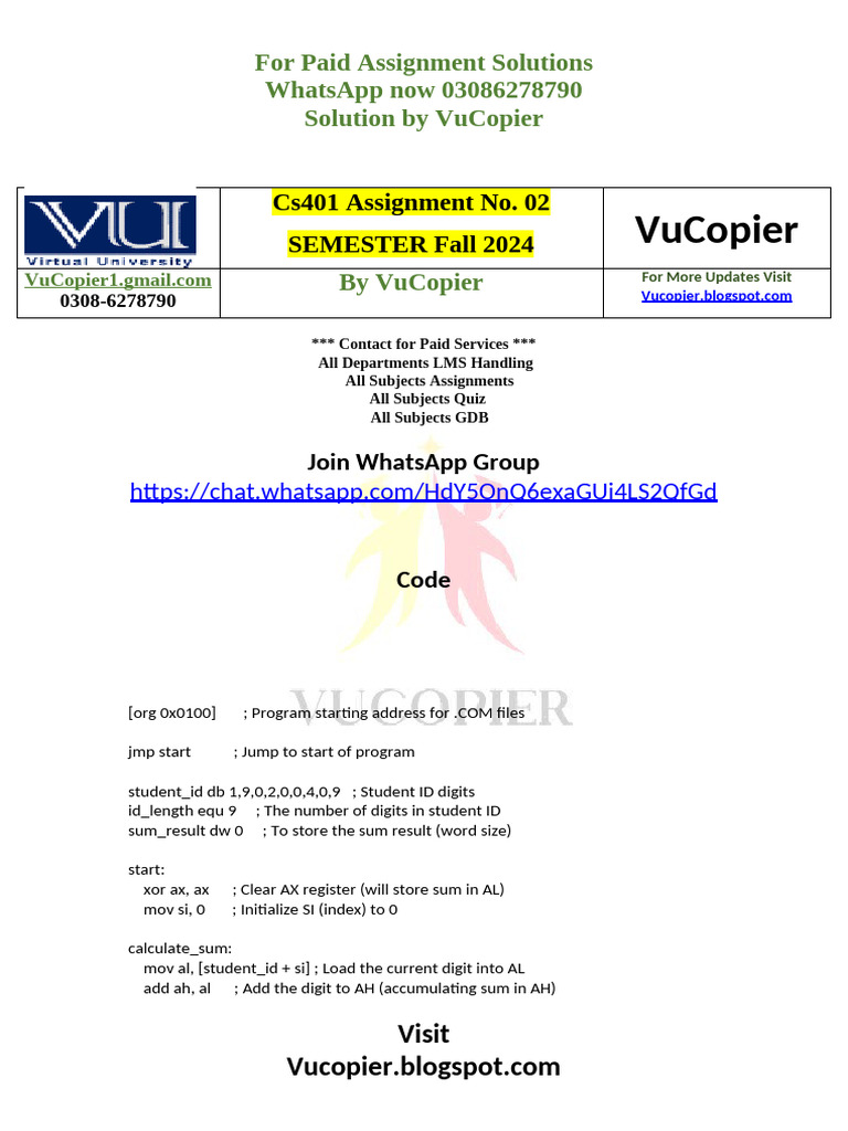 Cs401 Assignment 2 SOLUTION by VuCopier | PDF | Computer Architecture | Computing