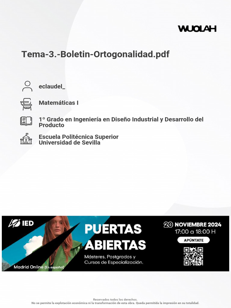 Wuolah Free Tema 3. Boletin Ortogonalidad | PDF | Ecuaciones | Álgebra abstracta