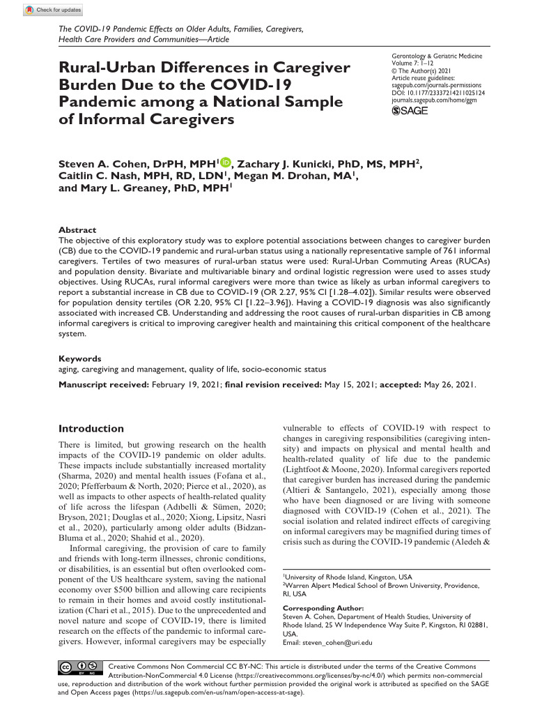 Cohen Et Al 2021 Rural Urban Differences in Caregiver Burden Due To The Covid 19 Pandemic Among ...