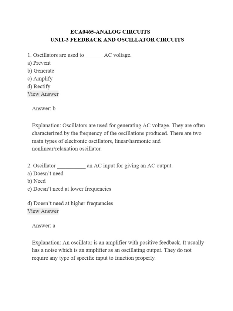 Unit-3 QUIZ-analog Circuits | PDF | Electronic Oscillator | Amplifier