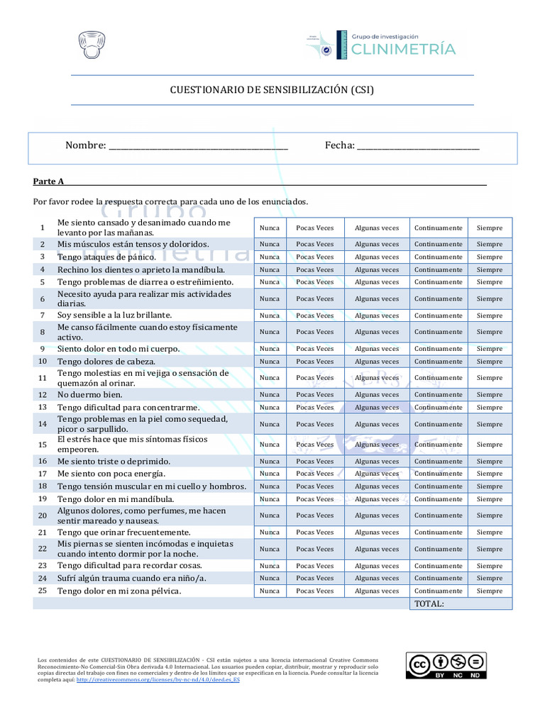 Cuestionario de Sensibilización CSI | PDF | Fibromialgia | Enfermedades ...