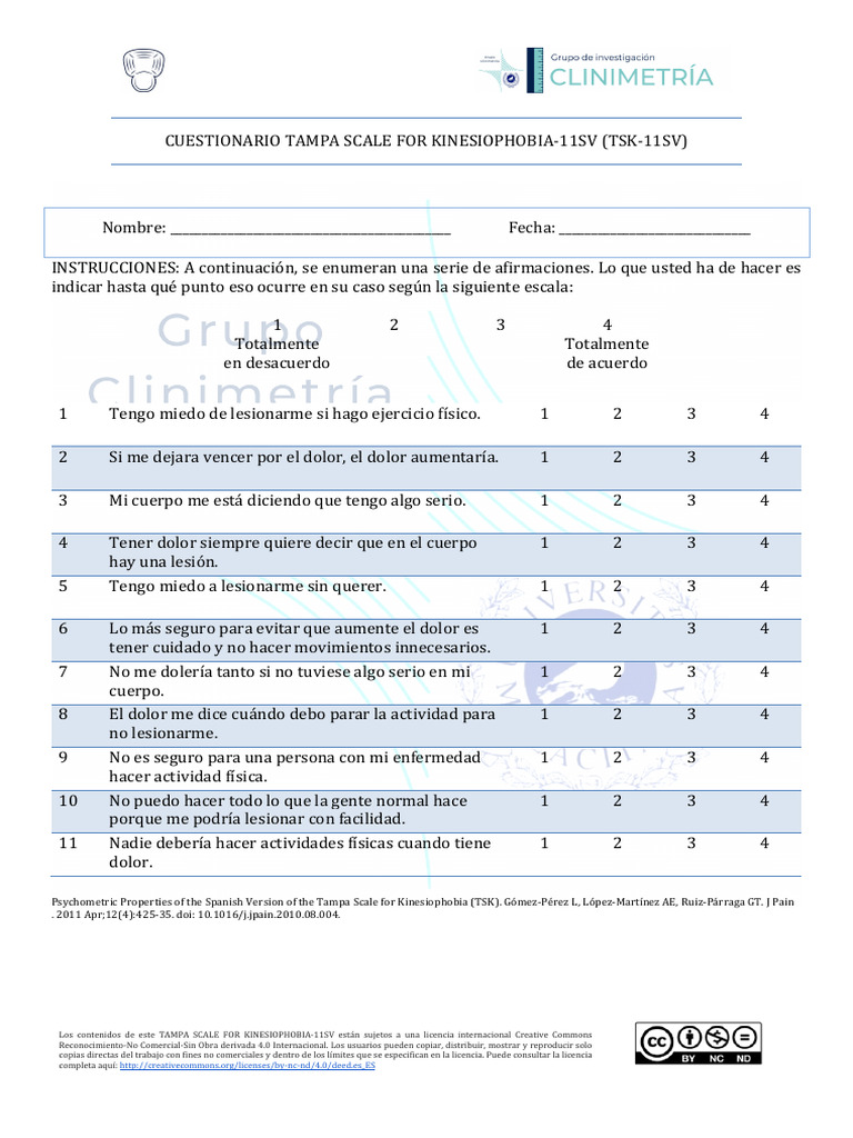 Cuestionario TSK 11VS Kinesiofobia | PDF