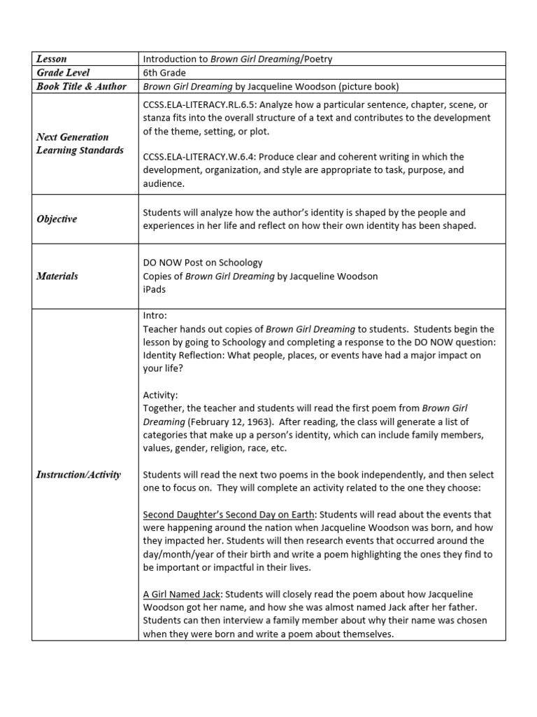 Brown Girl Dreaming Lesson Plan | PDF | Learning | Human Communication