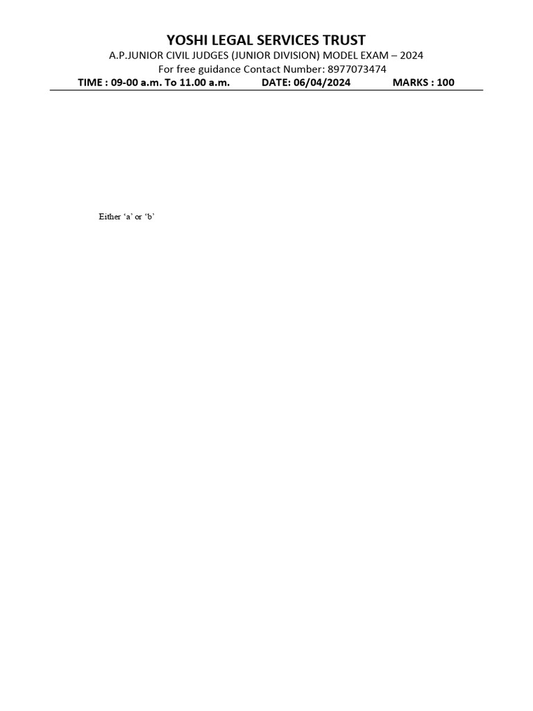 1yls Academay JCJ (Junior Division) Model Exam With Ans | PDF | Magistrate | Crimes