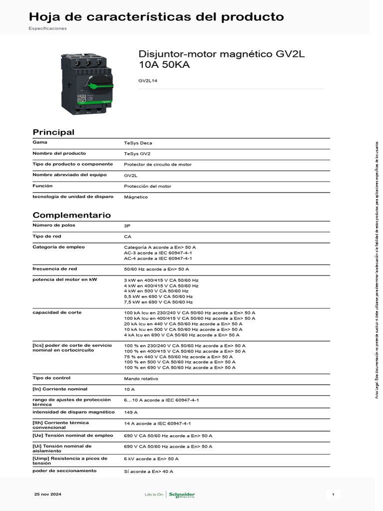 Guardamotor Magnetico Regulable 6-10 A 500 Vca 60 HZ Gv2l14 | PDF ...