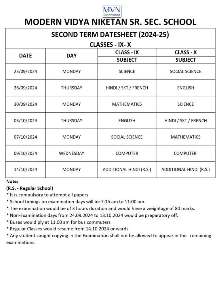 Second Term Datesheet For Classes Ix & X 2024-25 | PDF