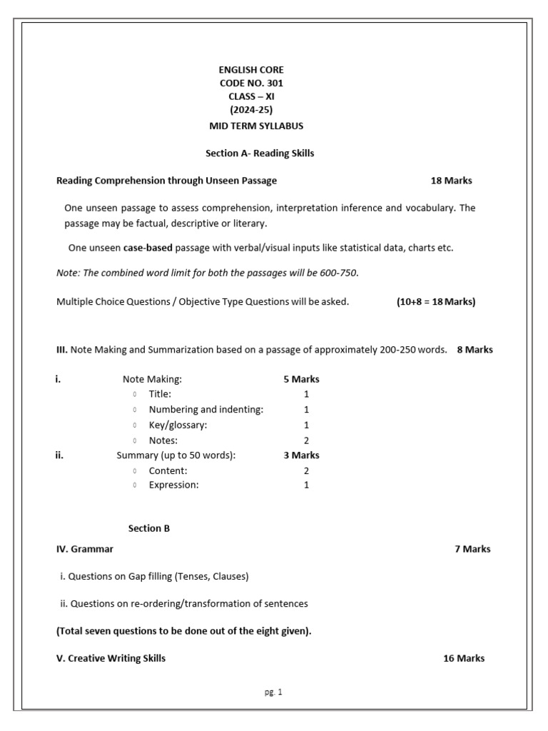 Class XI English Core Syllabus 2024-25 | PDF | Reading Comprehension | Question