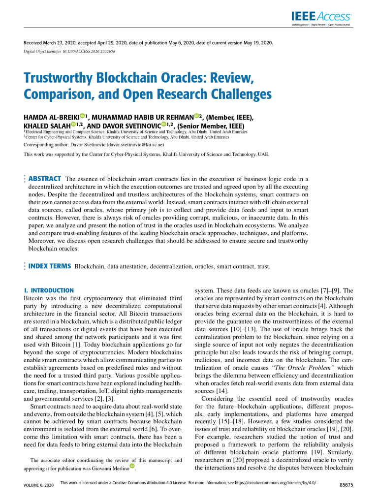 Trustworthy Blockchain Oracles: Review, Comparison, and Open Research Challenges | PDF ...