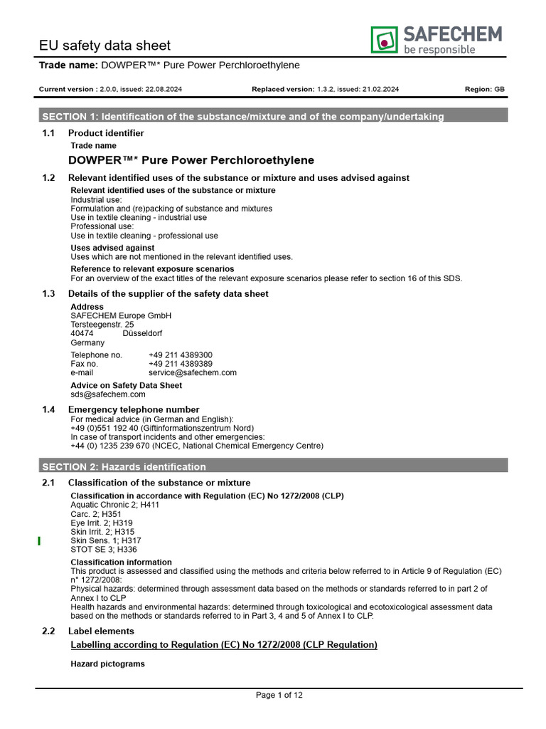 DOWPER - +Pure+Power+Perchloroethylene 723284 GB EN V-2.0.0 SDB | PDF ...