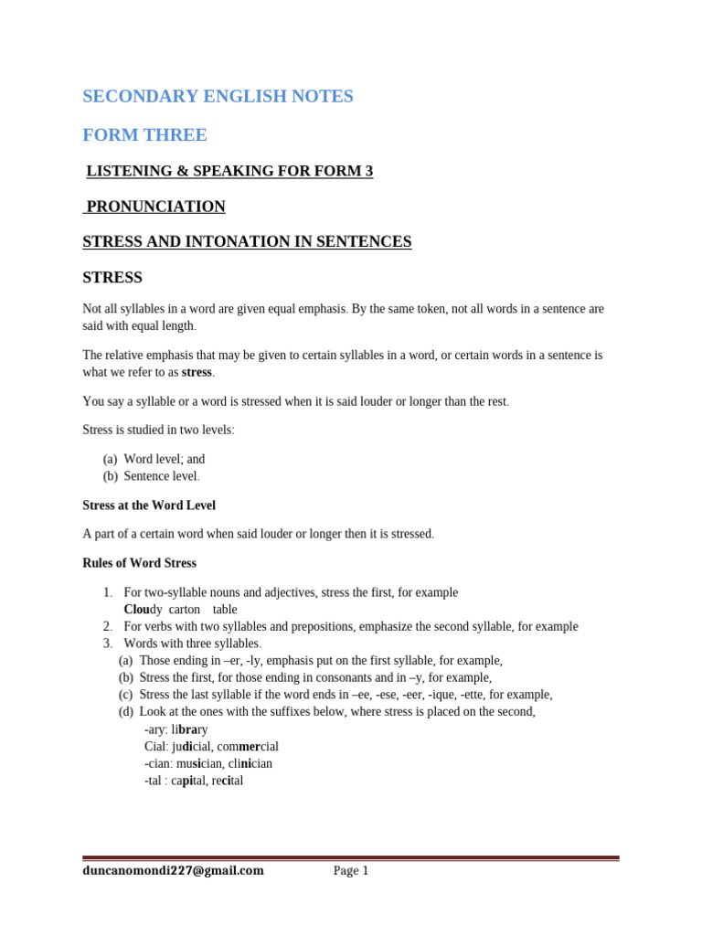 Form 3 English Notes 1 | PDF | Stress (Linguistics) | Word