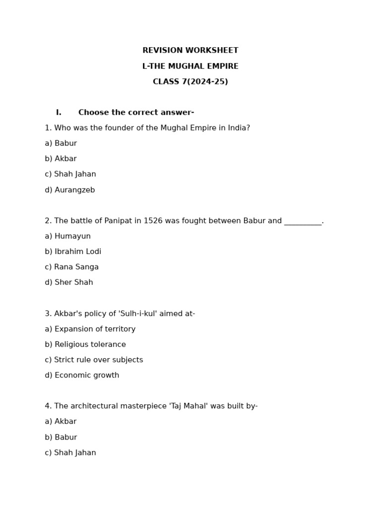 Revision Worksheet-The Mughal Empire | PDF