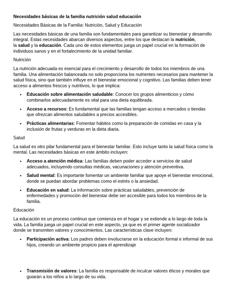 Necesidades Básicas de La Familia Nutrición Salud Educación | PDF ...