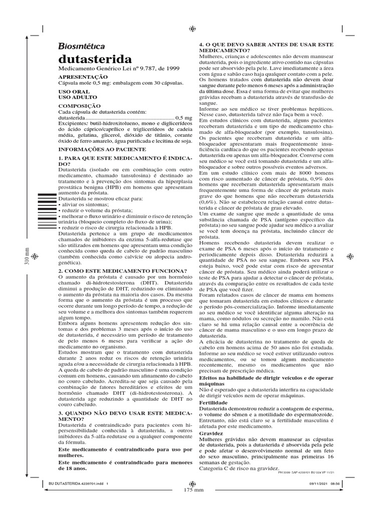 Bula Paciente Dutasterida 1 | PDF | Antígeno específico da próstata ...