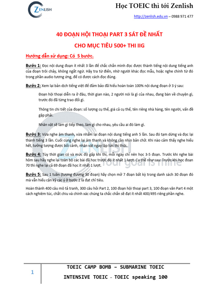 40 Đoạn Hội Thoại Part 3 Sát Đề Thi Iig Nhất - Level 500+ | PDF