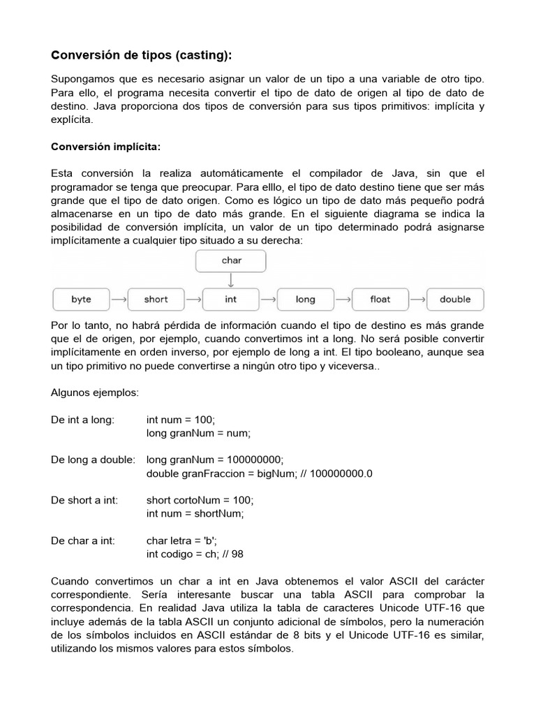 2.3 Conversion de Tipos | PDF | Tipo de datos | Java (lenguaje de programación)