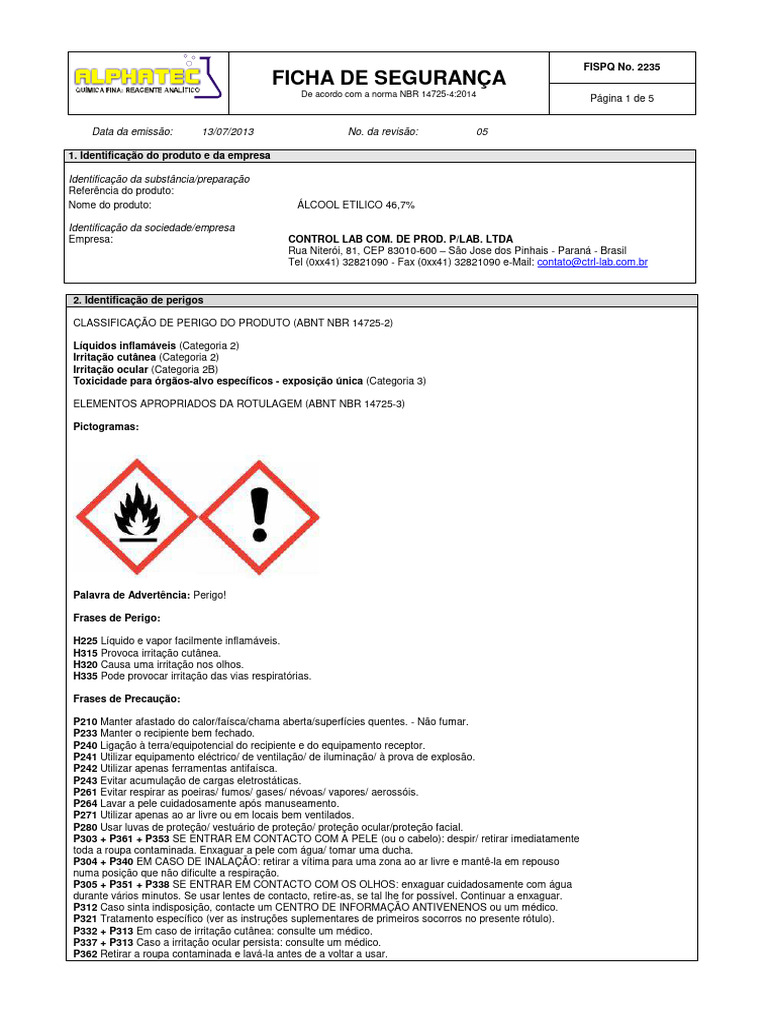 FISPQ do Álcool Etílico 46,7% | PDF | Etanol | Química