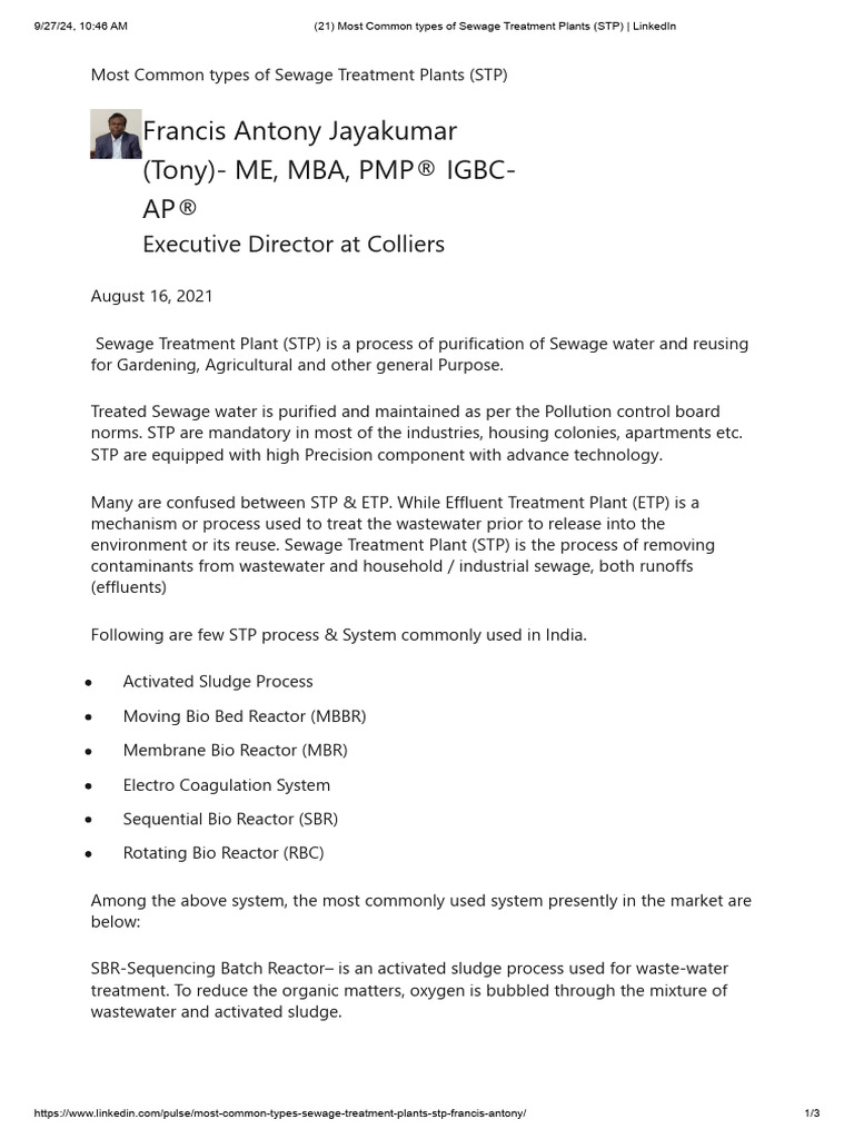 Most Common Types of Sewage Treatment Plants (STP) - LinkedIn | PDF | Sewage Treatment ...