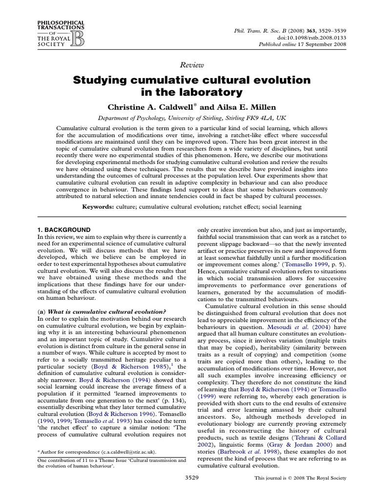 Caldwell2008 - Studying Cumulative Cultural Evolution in The Laboratory | PDF | Evolution | Learning