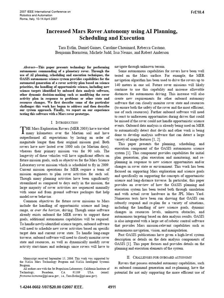 Increased Mars Rover Autonomy Using AI Planning | PDF | Rover (Space ...
