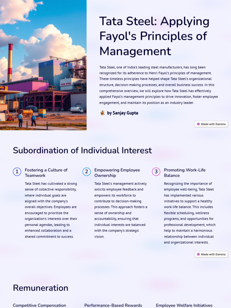 Tata Steel and Fayol's Management Principles | PDF | Employment ...