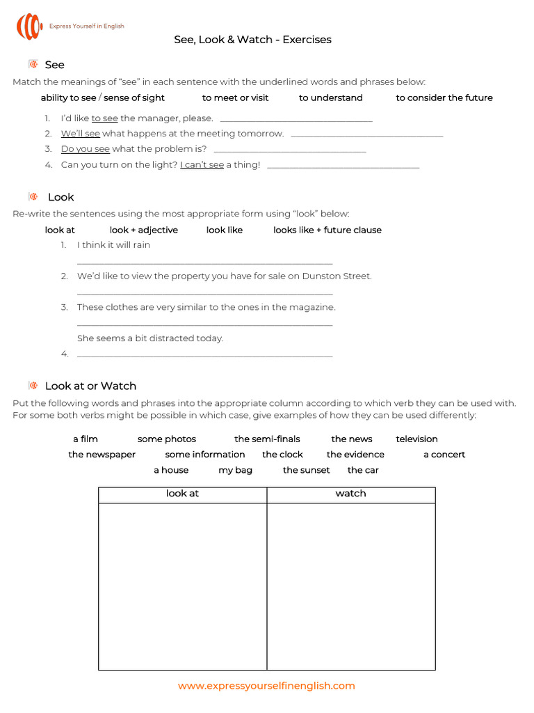 Eye See Look Watch3 Exercises | PDF | Verb | Preposition And Postposition
