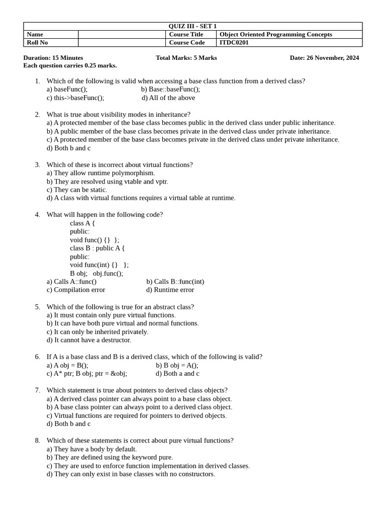 Quiz Iii Set 1 Final Pdf Inheritance Object Oriented Programming Class Computer