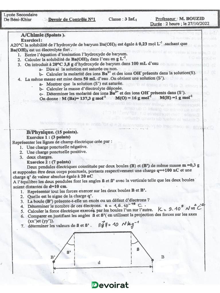 Devoir de Contrôle Physique N°1 Avec Correction - Sciences Physiques Champ Électrique ...