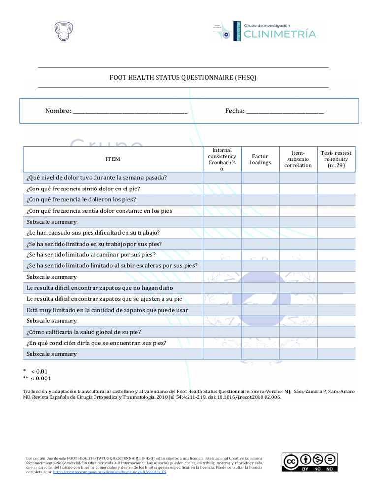 19.pie Fhsq. Foot Health Status Questionnaire | PDF