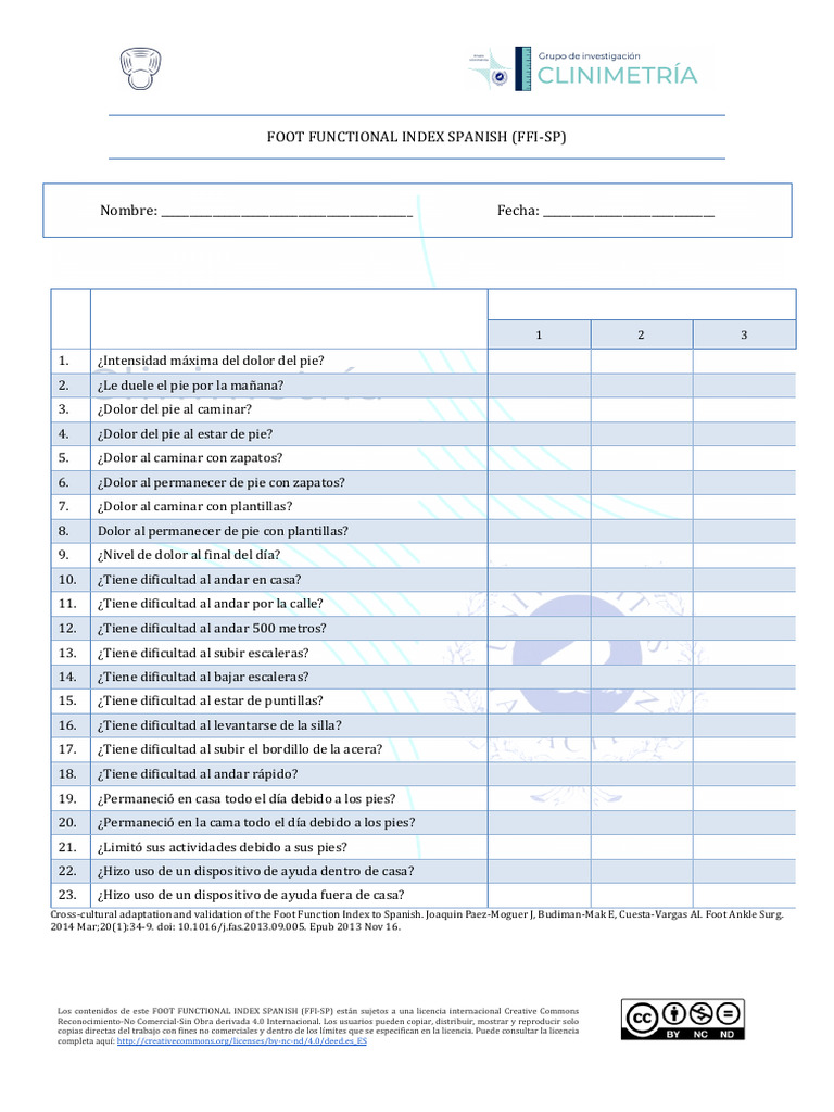 20.PIE FFI Sp. FOOT FUNCTIONAL INDEX SPANISH | PDF