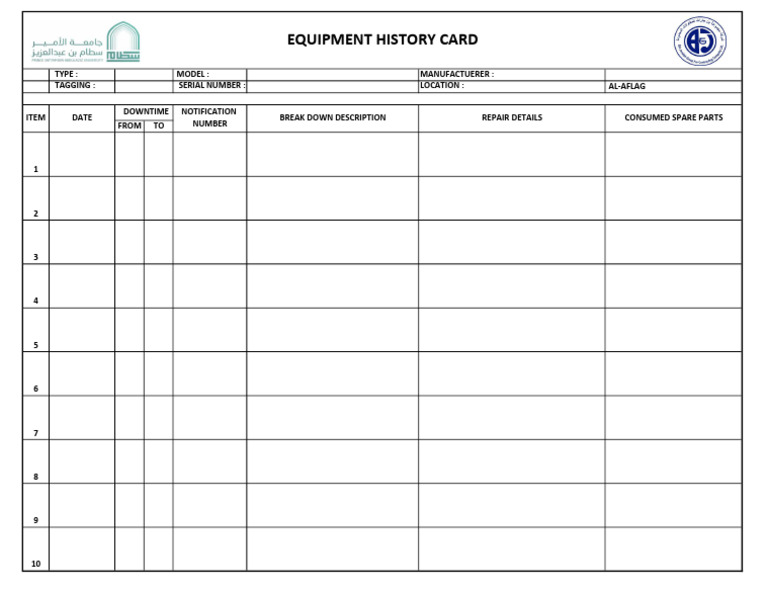 Equipment History Card | PDF